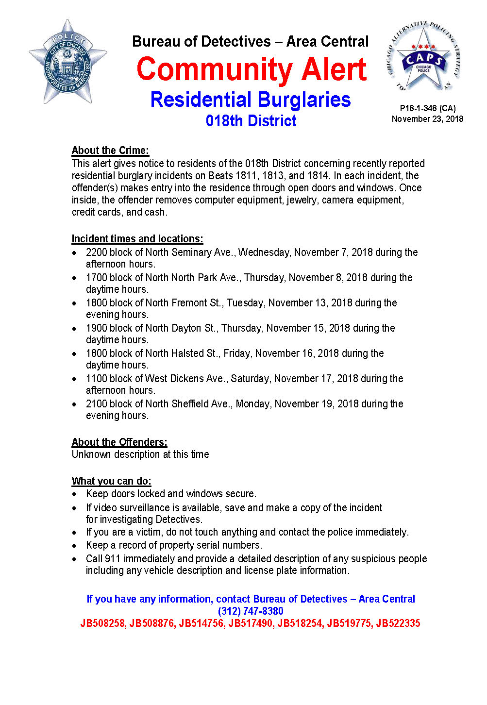 Community Alert – 18th District (Near North) – Residential Burglaries ...