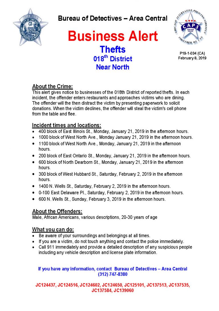 Community Alert – Business Alert – 018th District – Thefts — RNRA Chicago