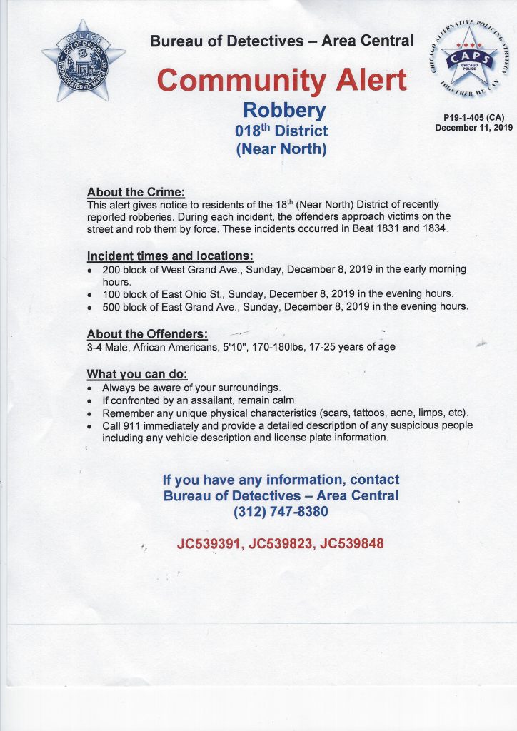 Community Alert – Robbery 018th District (Near North) — RNRA Chicago