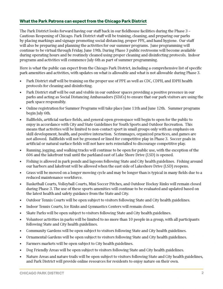 Chicago Park District – Plan for Our Parks – Phase 3 – Cautious ...