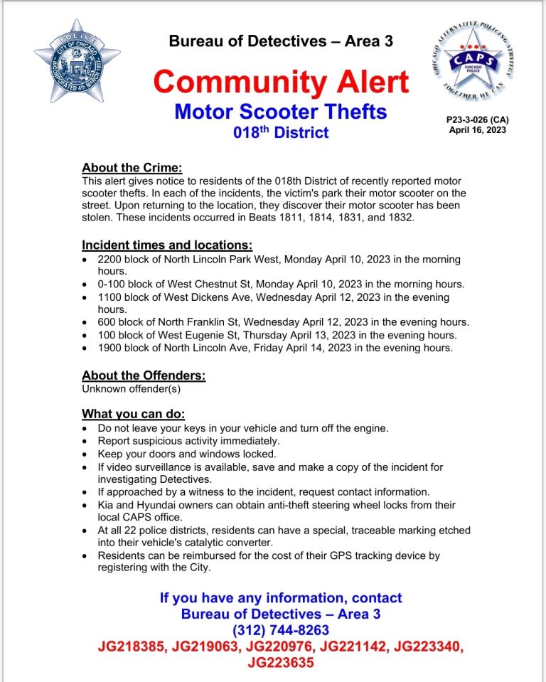 Community Alert – 018th District – Motor Scooter Thefts — RNRA Chicago